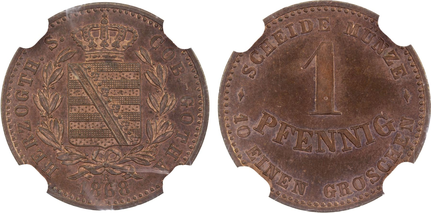 SAXE-COBURG-GOTHA: Ernst II, 1844-1893, AE pfennig, Dresden, 1868, NGC ...