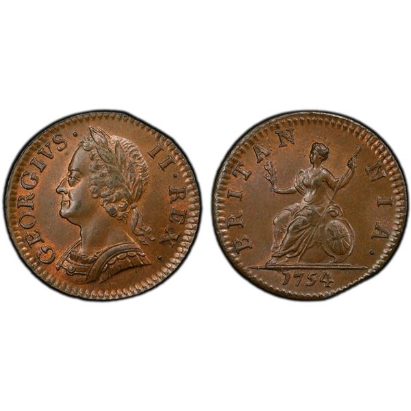 GREAT BRITAIN: George II, 1727-1760, AE farthing, 1754, PCGS MS65 BN ...