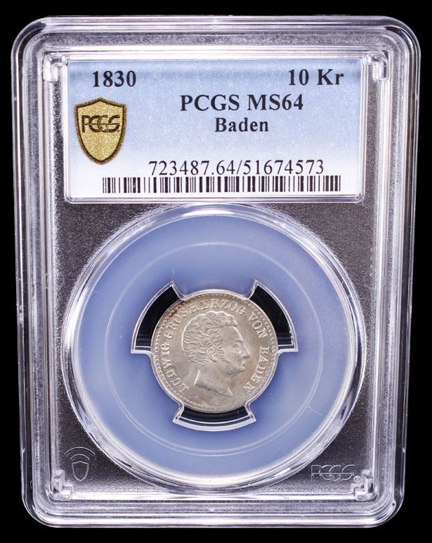 BADEN: Ludwig I, 1818-1830, AR 10 kreuzer, 1830, PCGS MS64 - Stephen ...