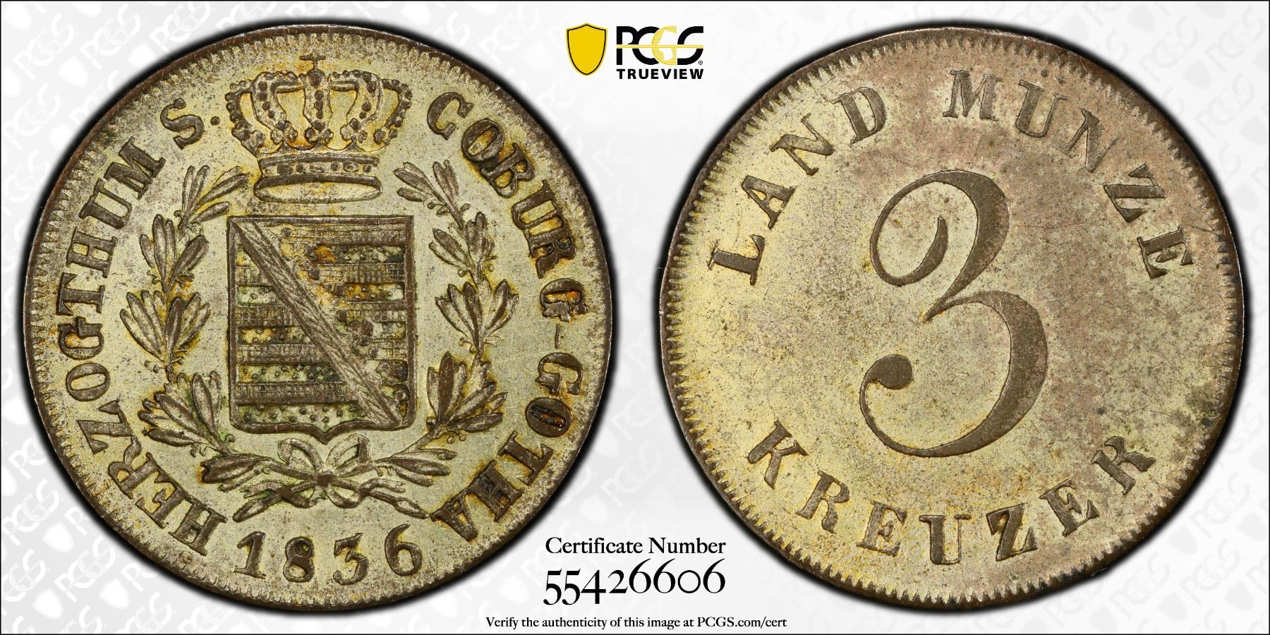 SAXE-COBURG-GOTHA: Ernst I, 1826-1844, BI 3 kreuzer, 1836, PCGS MS62 ...