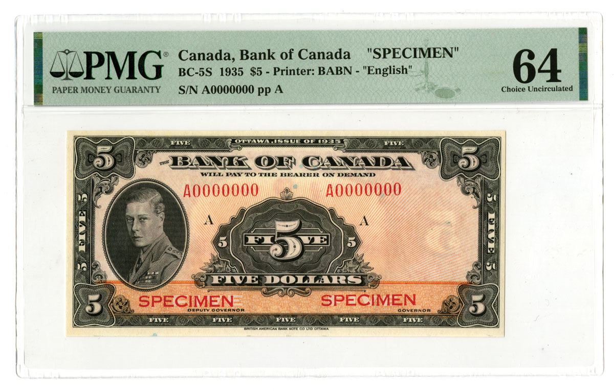 Canada. Bank of Canada, 1935, $5, "English Text" Specimen Banknote ...