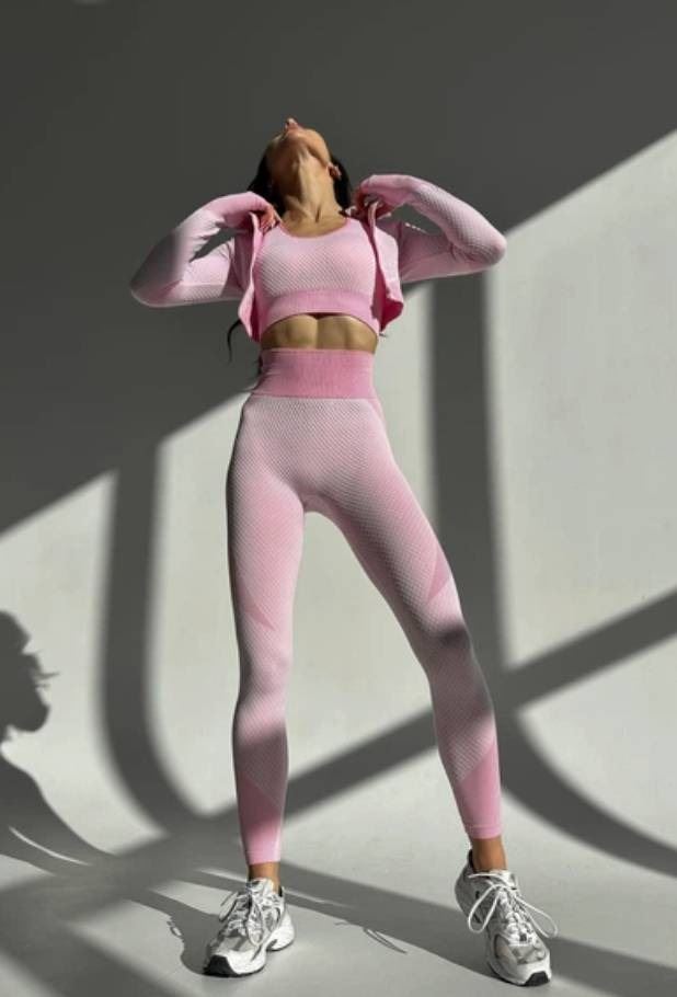 Three-Piece Pink Activewear Set – Jacket, Sports Bra, and Leggings ...
