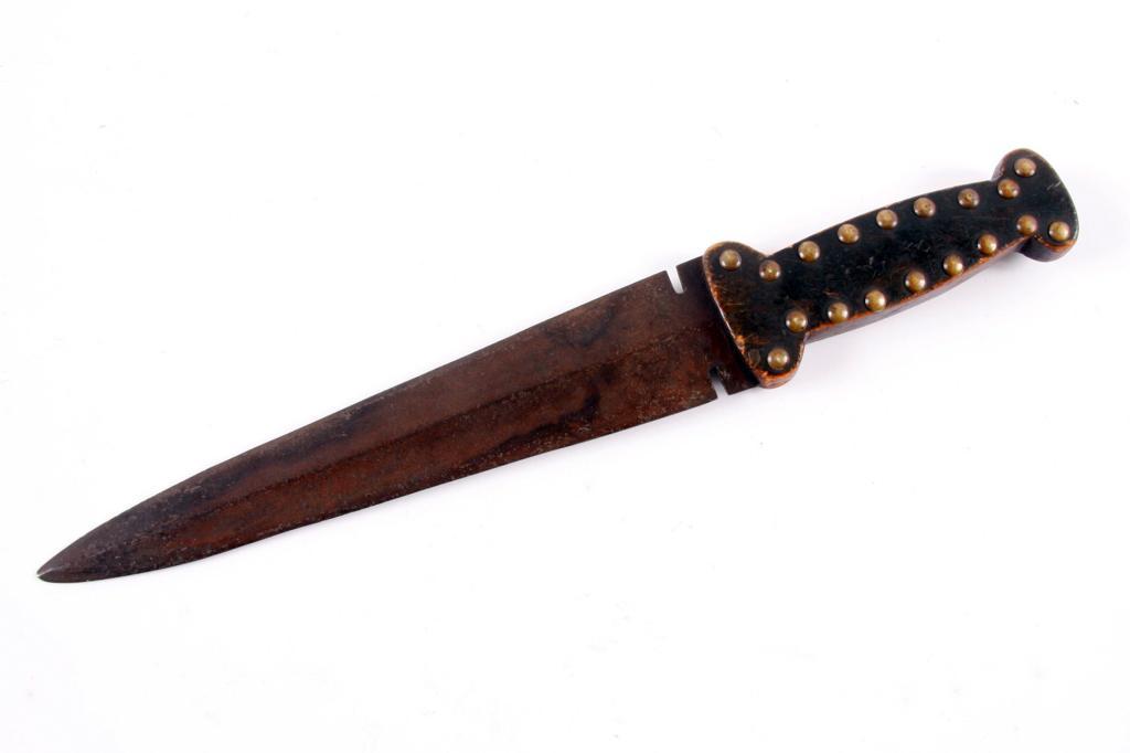 Indian Style Dag Knife with brass tacked wood grip. Age unknown. Thin ...