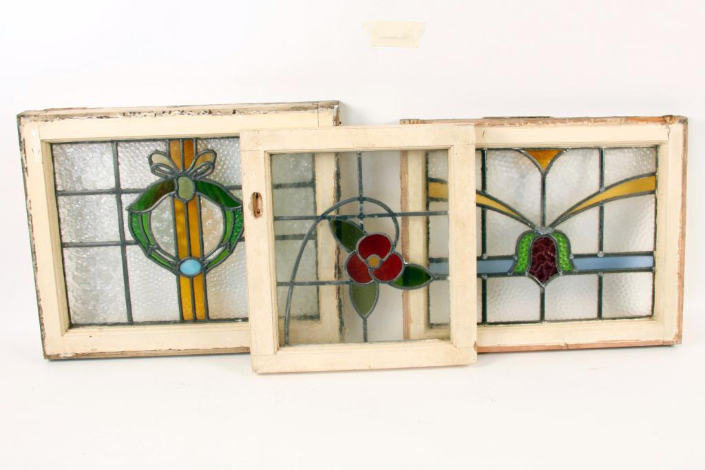 3 Antique Farmhouse Stained Glass Windows Sizes are: 13"H X 13"W, 14"H ...