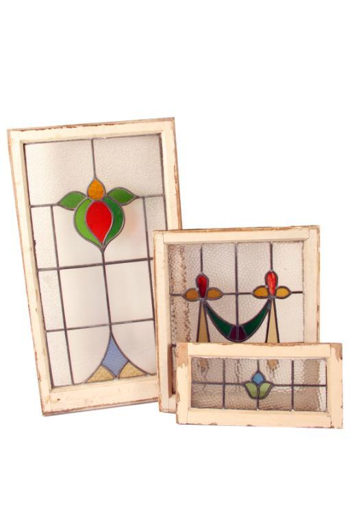 3 Antique Farmhouse Stained Glass Windows Sizes are: 32"H X 18"W, 17 1/ ...