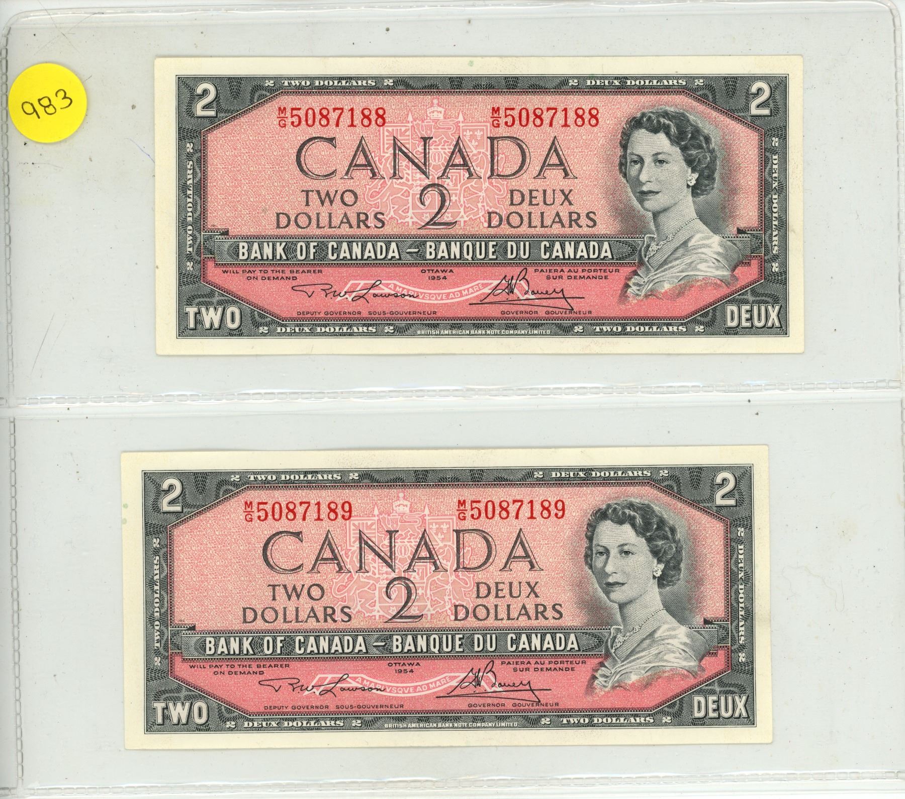 1954 UNC 2 Canadian Two Dollar Bank Notes In Series