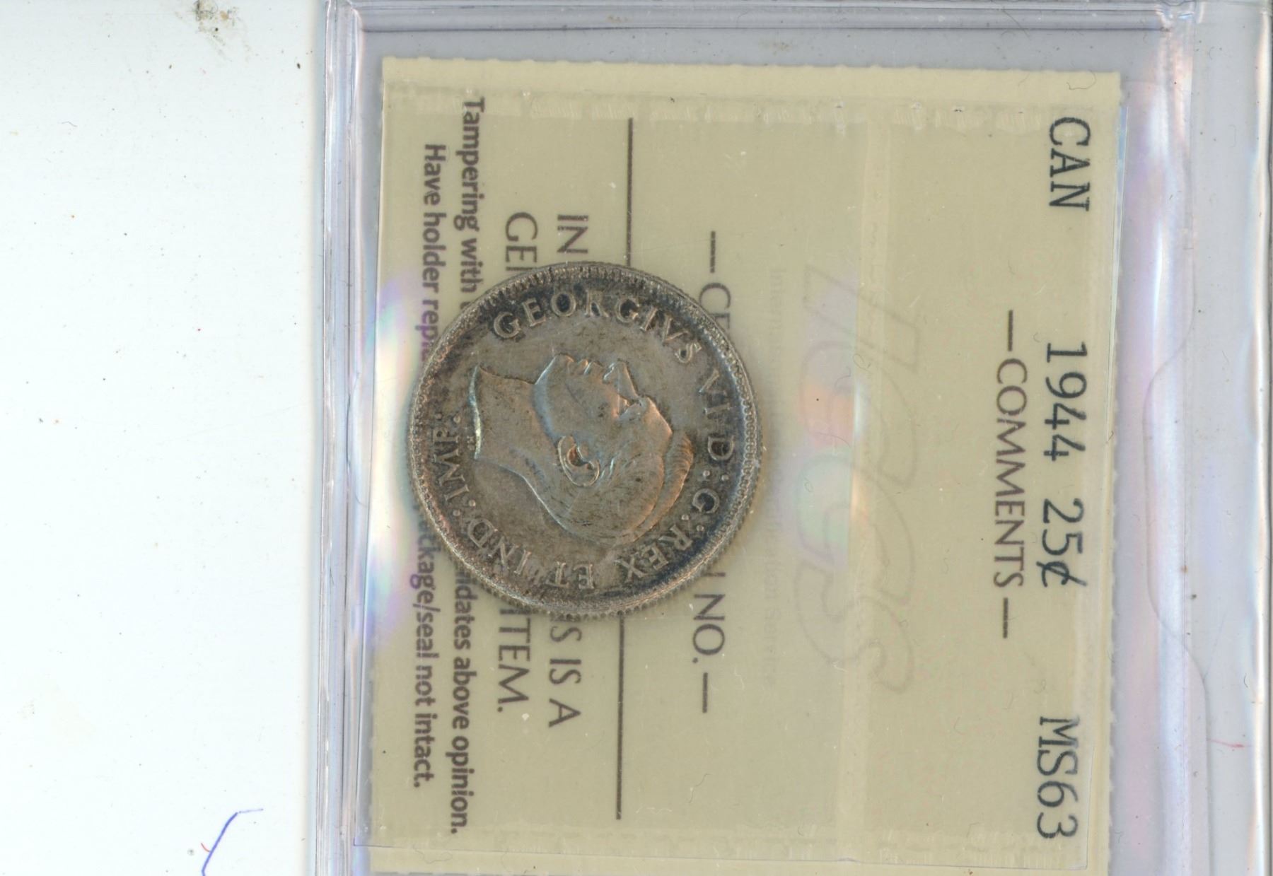 Canadian 1944 25 Cent Coin MS63 GRADED ICCS - Schmalz Auctions