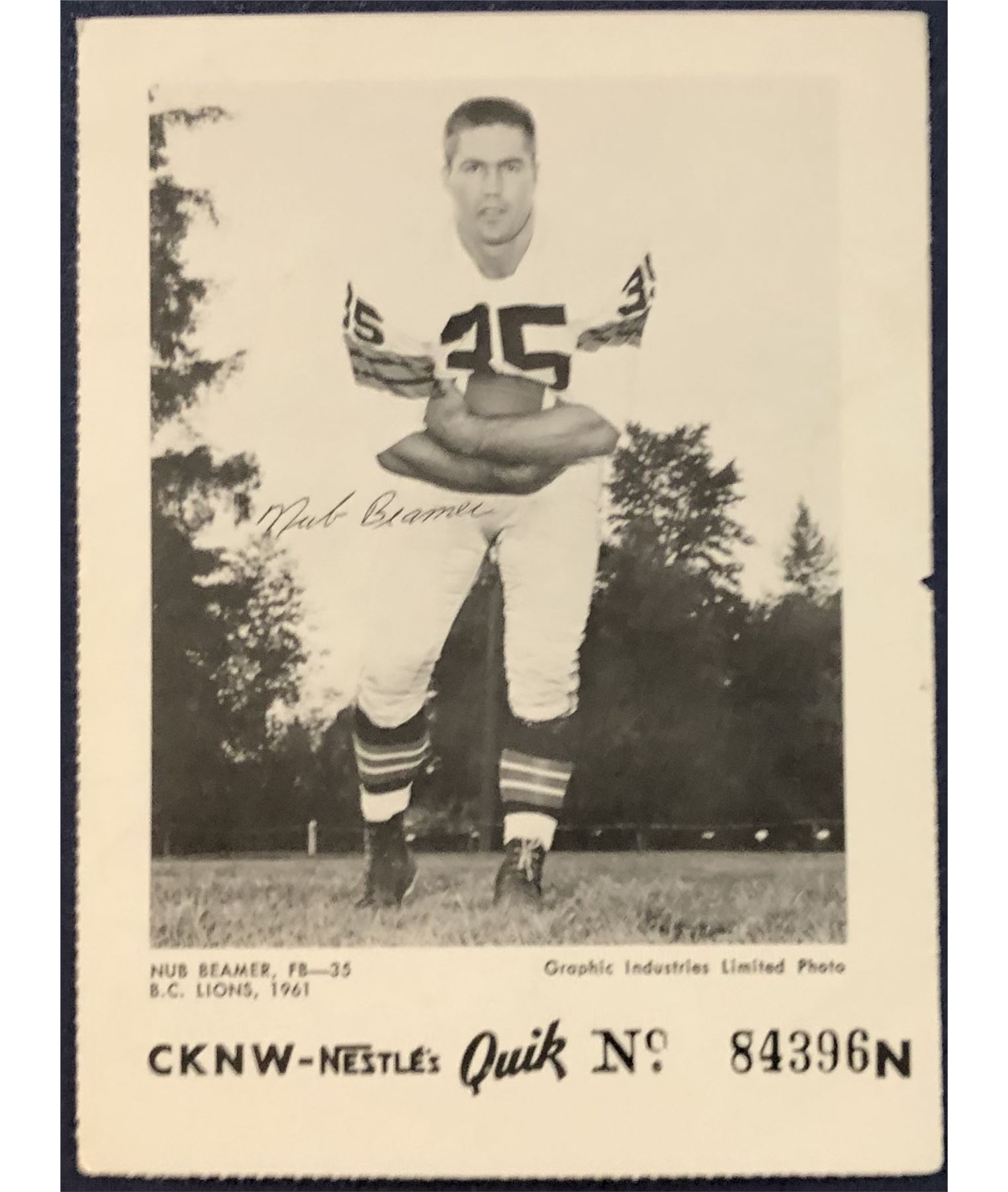 1961 B.C. LIONS GAME PROMOTION CARD - NUB BEAMER