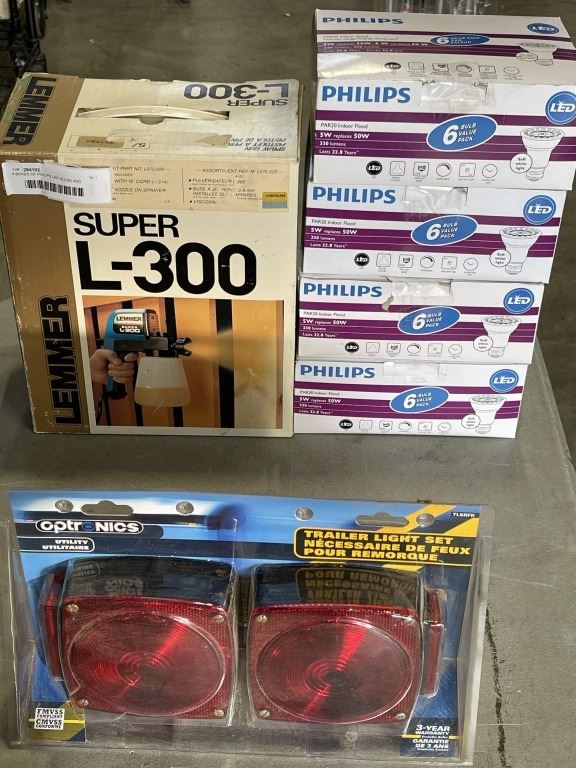 4 BOXES OF PHILIPS LED BULBS, TRAILER LIGHTS, AND SUPER L-300 SPRAYER ...