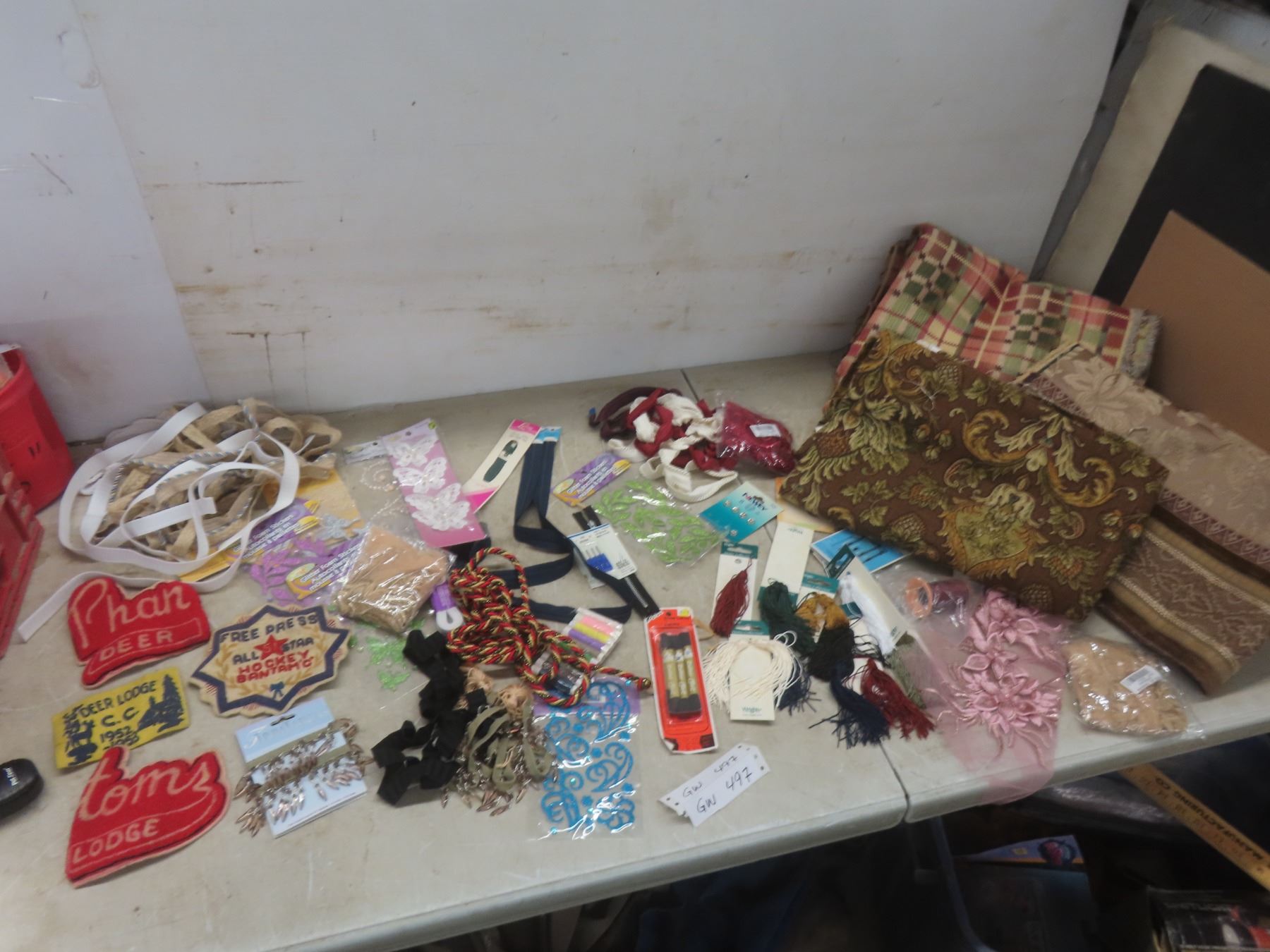 Fabric and Sewing Notions Including Zippers, Thread, Appliques, Tassels ...