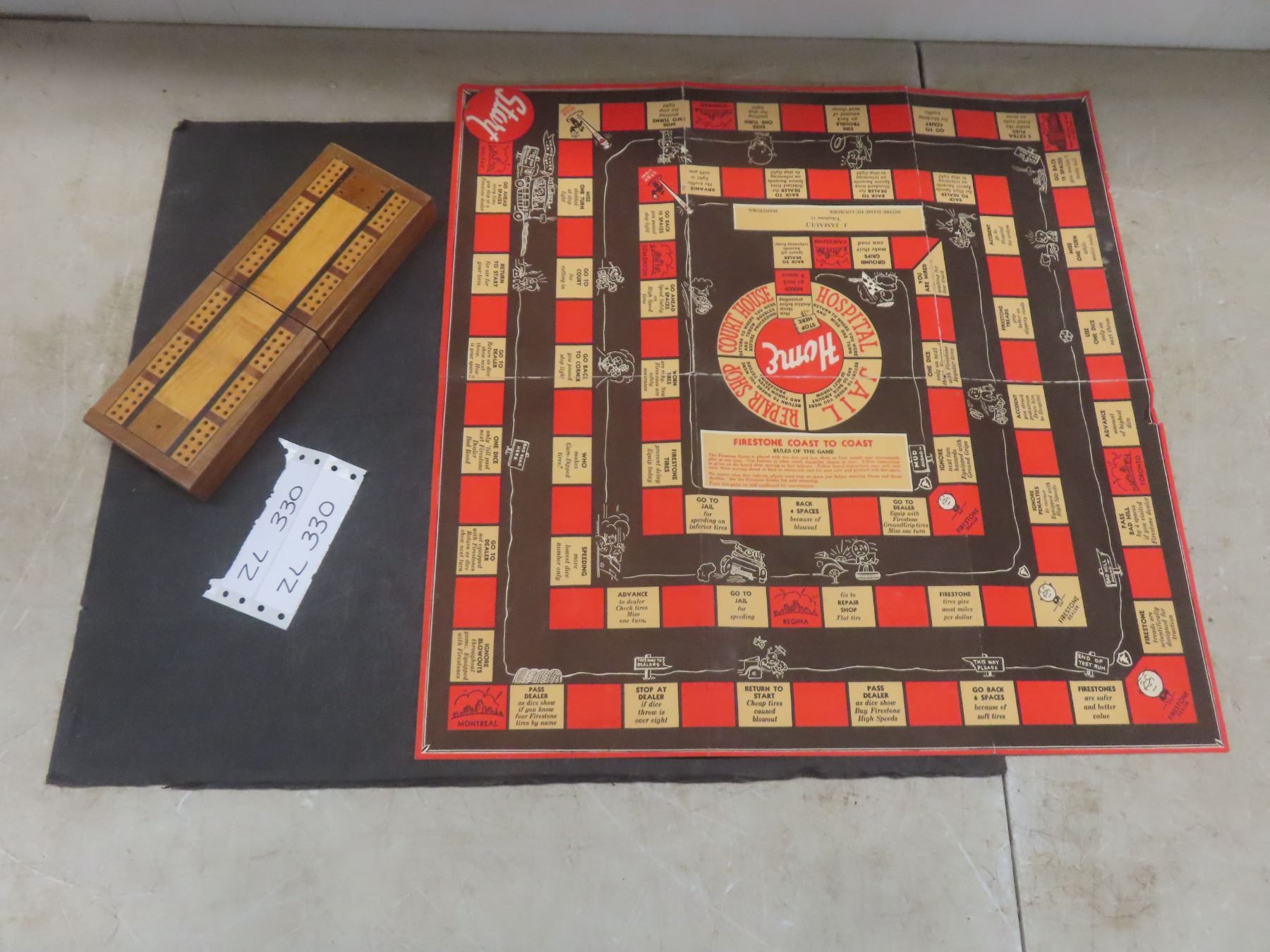 Wood Fold-Up Crib Board and Vintage Firestone "Coast to Coast" Board Game