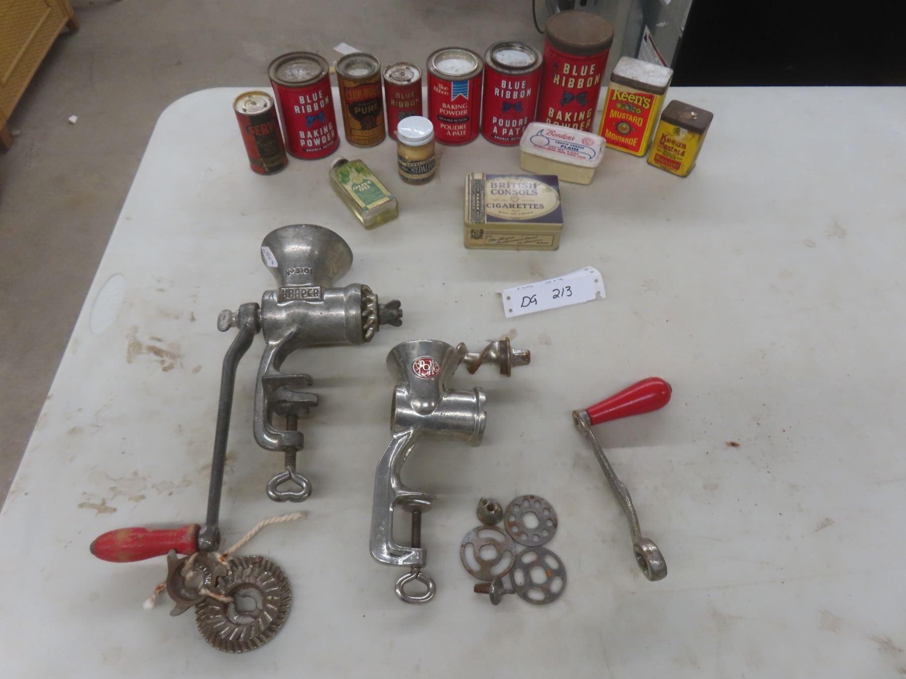 Two Meat Grinders Patty Tins Baking Powder Kerosene Mustard Olive Oil ...