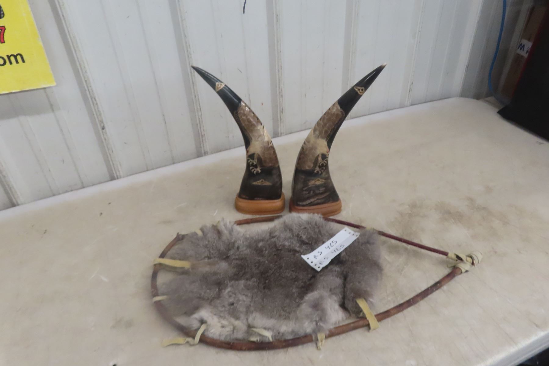 Rabbit Hide Display With Carved Eagle on Horns, 13-1/2" Tall