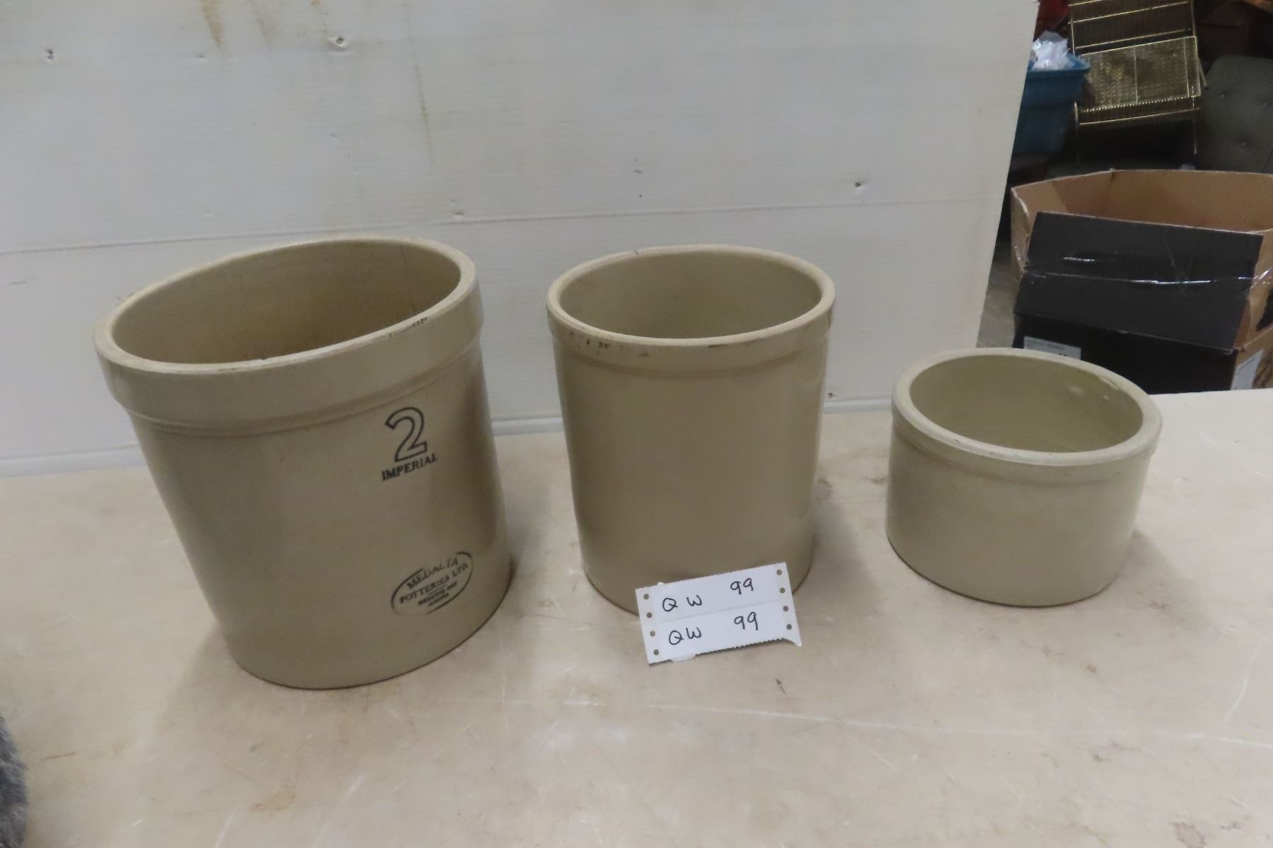 3 Medalta Stoneware Crocks With 1 Small Crock - 2 Gal, 1 Gal, 1/2 Gal