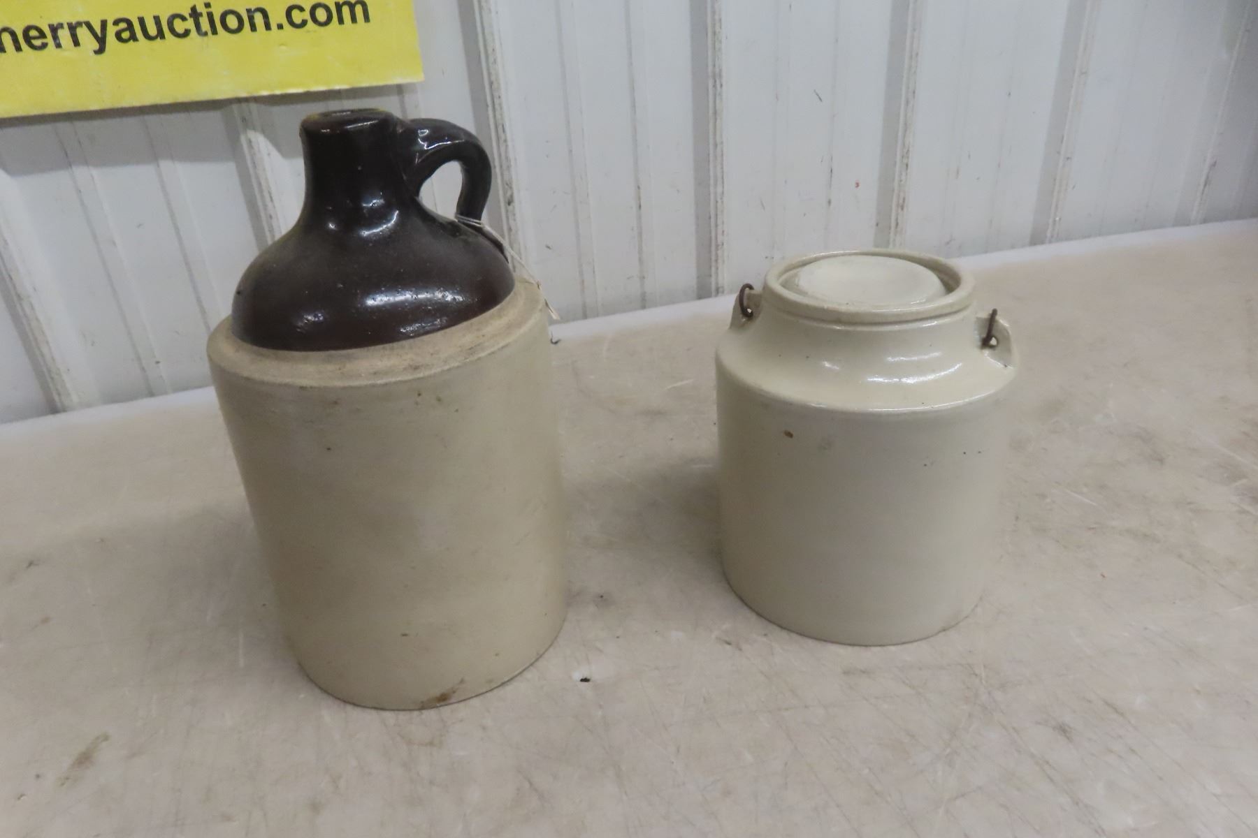 2 Stoneware Items Jug And Pickle Crock With Lid