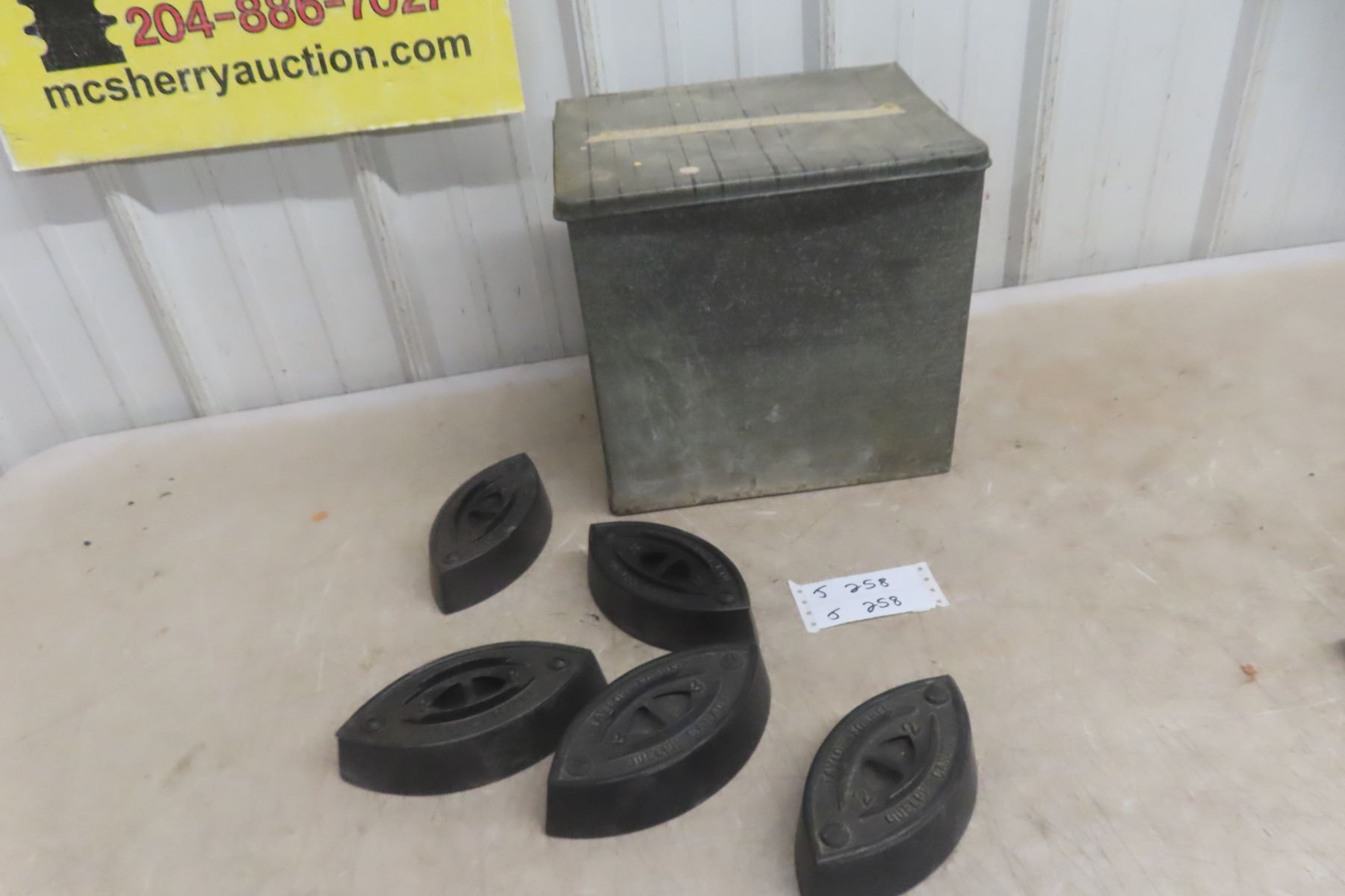 5 Sad Irons And Metal Box With Hinged Lid 11" x 12" x 10"