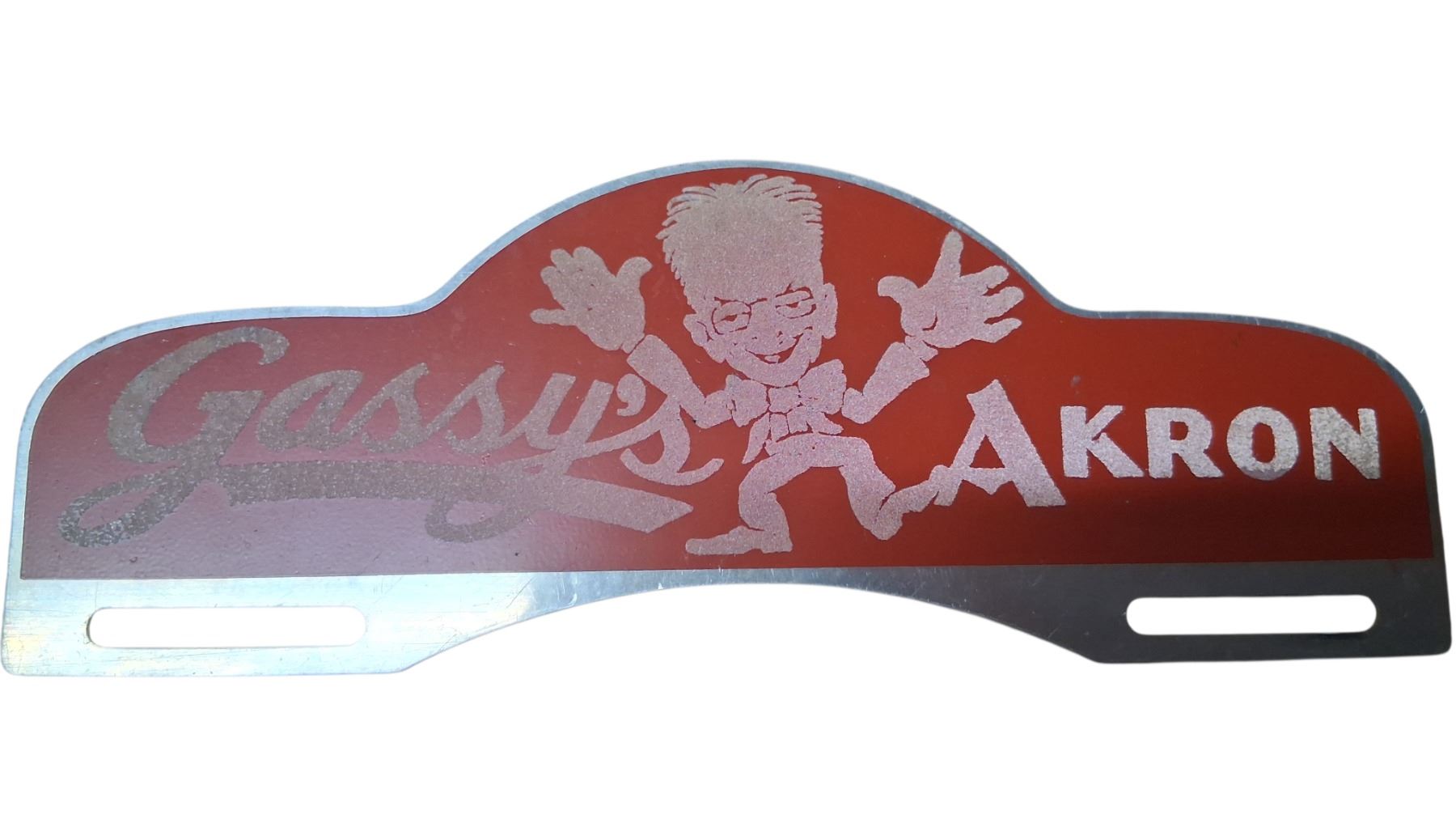 Very nice vintage license plate topper, Gassy's Akron 11"