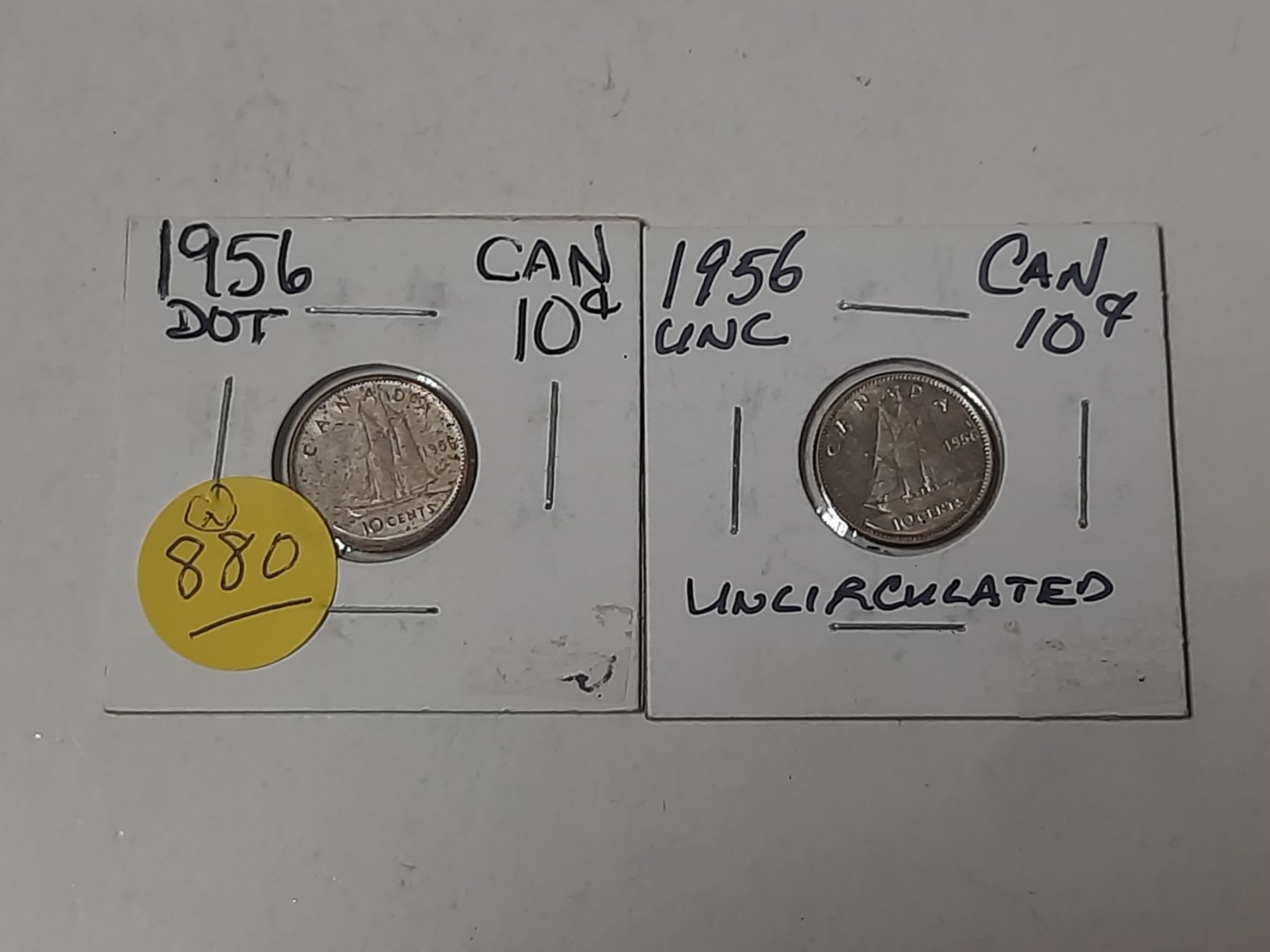 2- 1956 canadian 10 cent coins- 1- dot and 1 is uncirculated - Schmalz ...