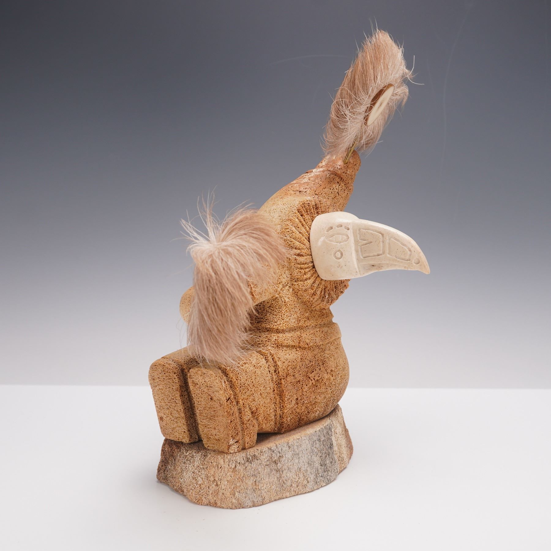 Scrimshaw Carving Figurine of Raven Dancer with Fur Accents