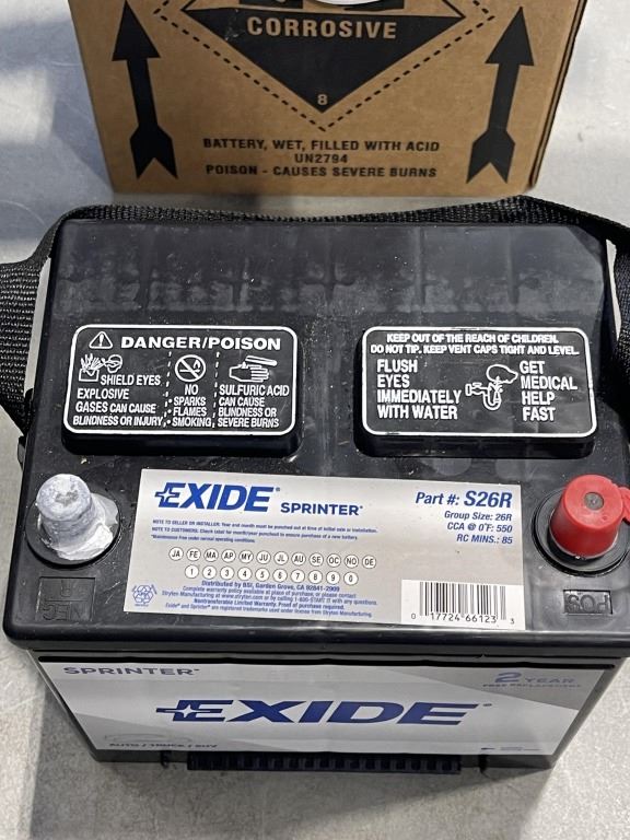 NEW EXIDE SPRINTER 12V BATTERY, GROUP SIZE 26R