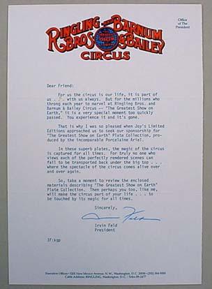IRVIN FELD SIGNED LETTER ON RINGLING BROS. B AND B