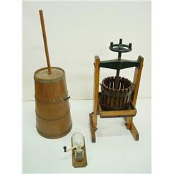 Butter churn, wine press & coffee grinder