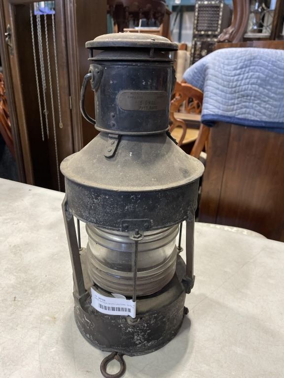 LARGE ANTIQUE SHIPS LANTERN, 19 INCH TALL WITH ORIGINAL CORNING GLASS