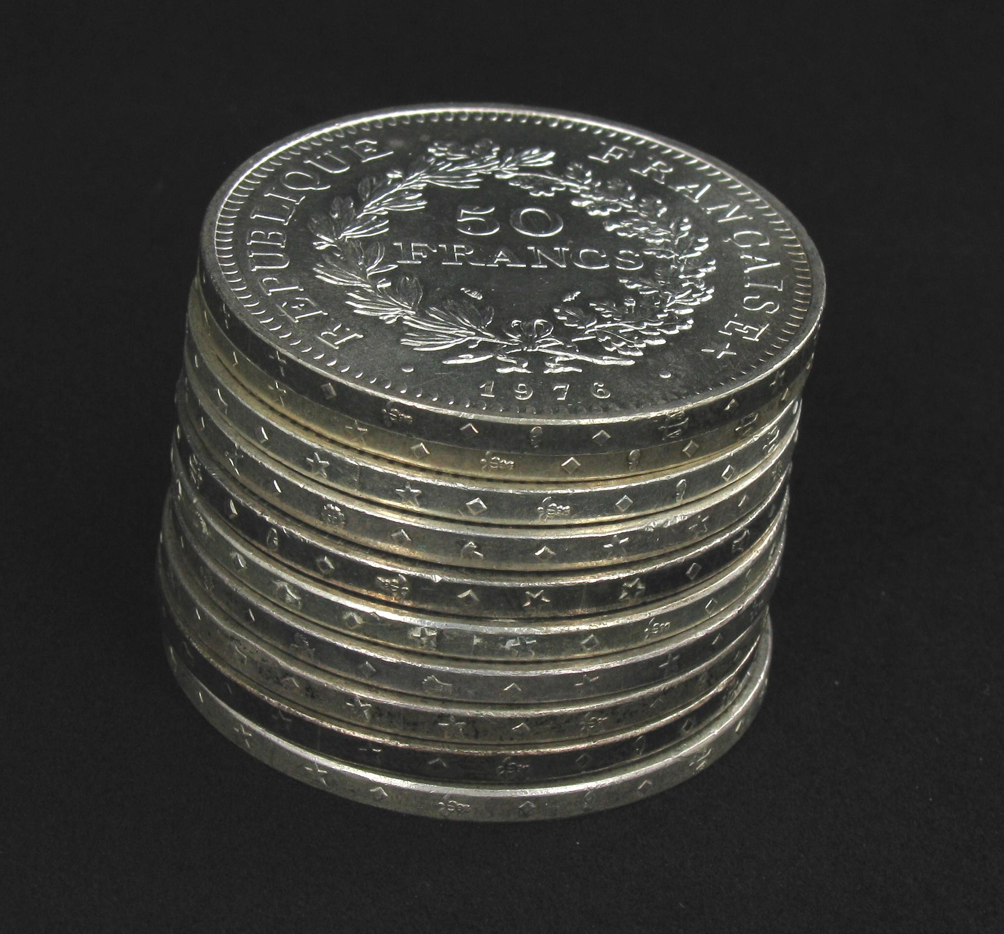 1974-79 France Silver 50 Francs Unsearched Stack of 10 Mostly BU 8.7 ...