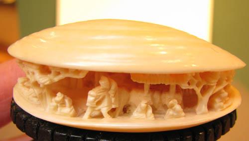 Intricately and Extensively Carved Miniature Ivory Clam Shell Scene
