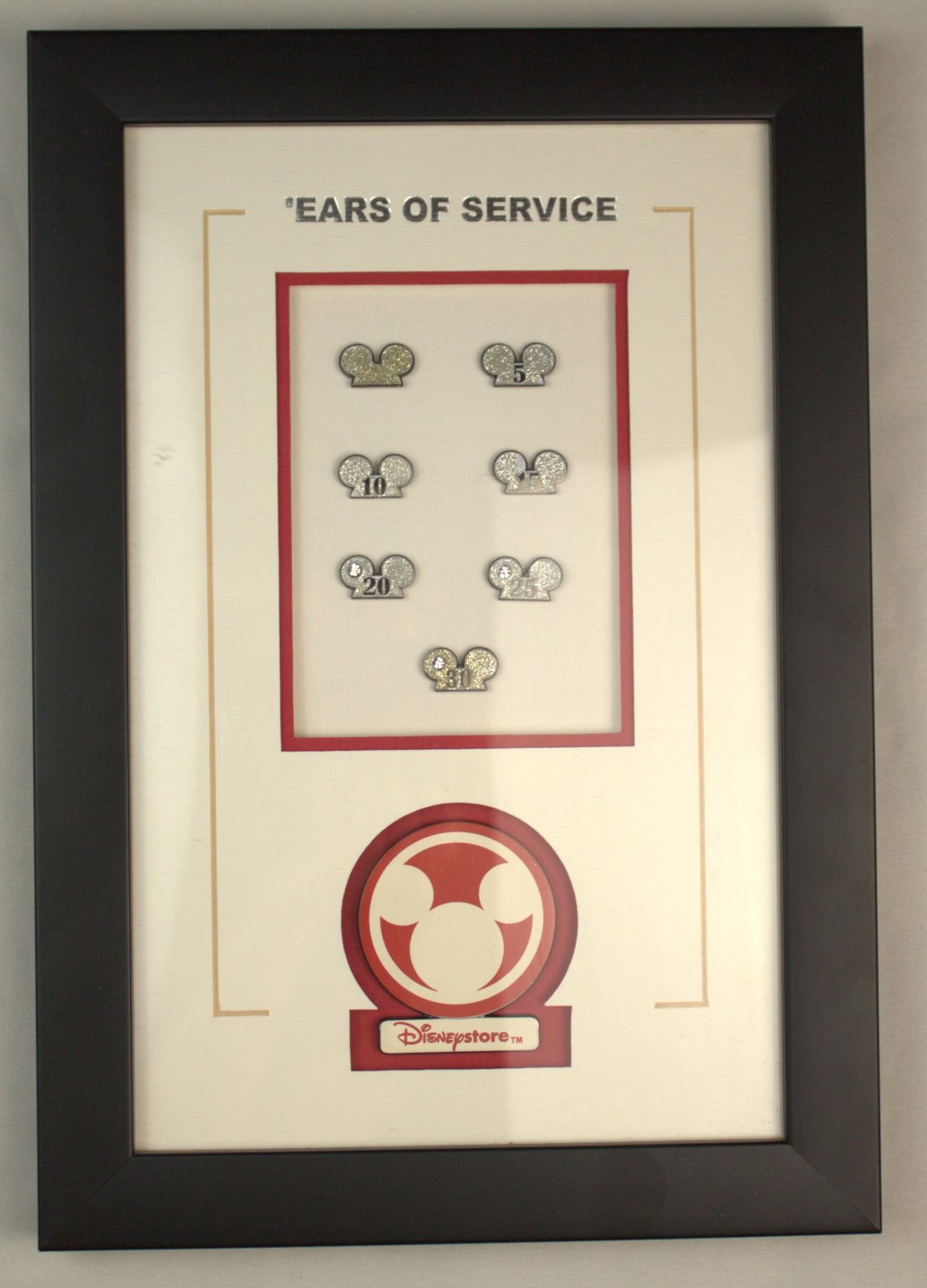A Disneystore Cast Member 'Ears of Service' Pin Display.