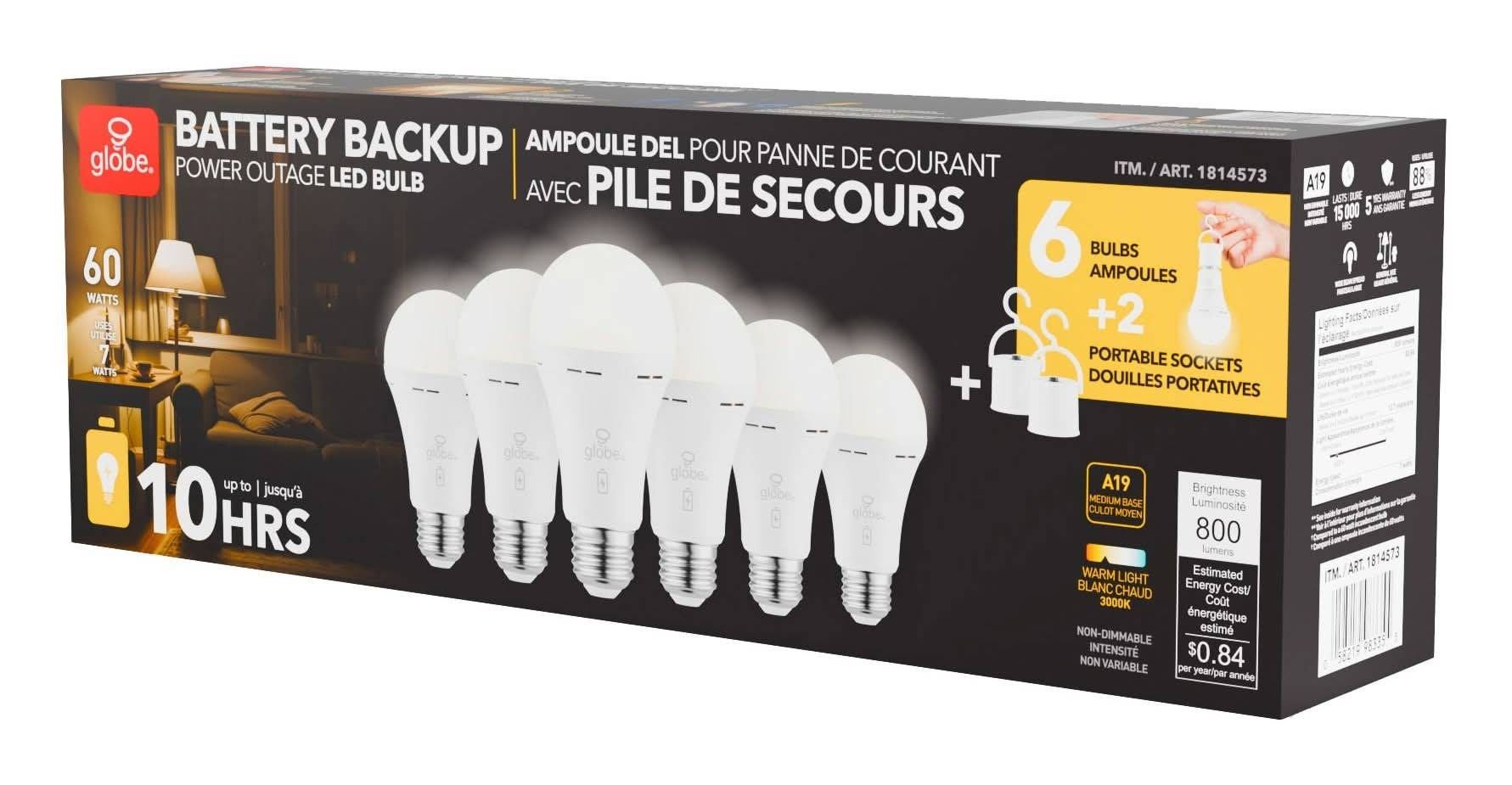 Globe Battery Backup Power Outage LED Bulb Set with 6 Bulbs