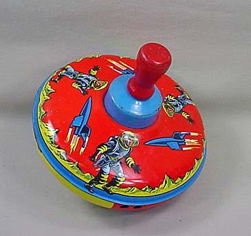VINTAGE TIN LITHO SPACEMAN / ROCKETSHIP SPINNING T
