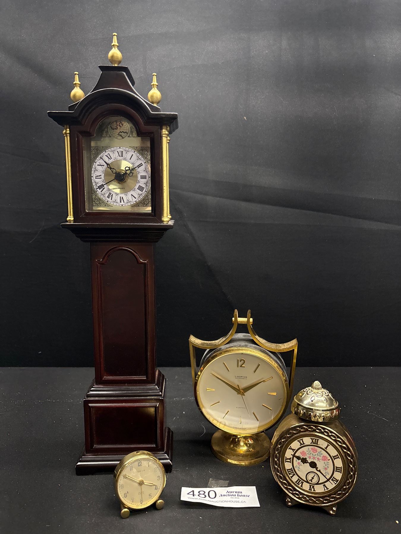Collectible Clock Lot Mini Grandfather Mantle and Perfume Bottle