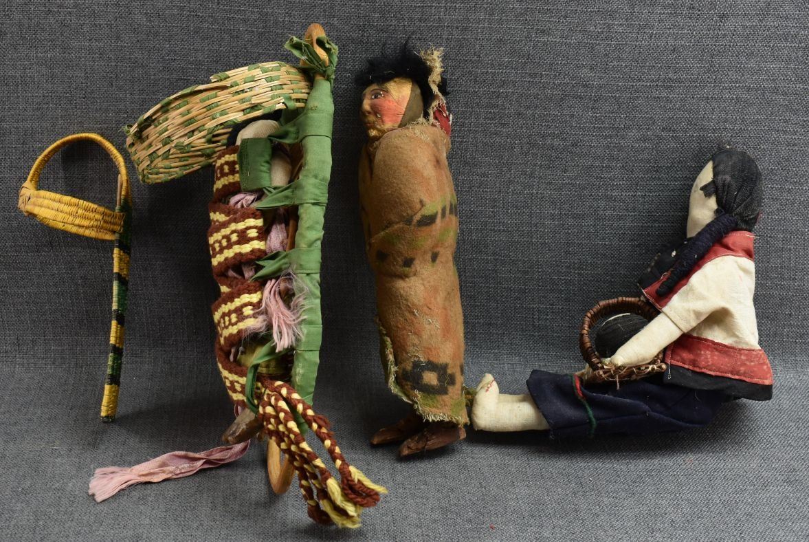 THREE TOY CRADLES, ONE SKOOKUM DOLL