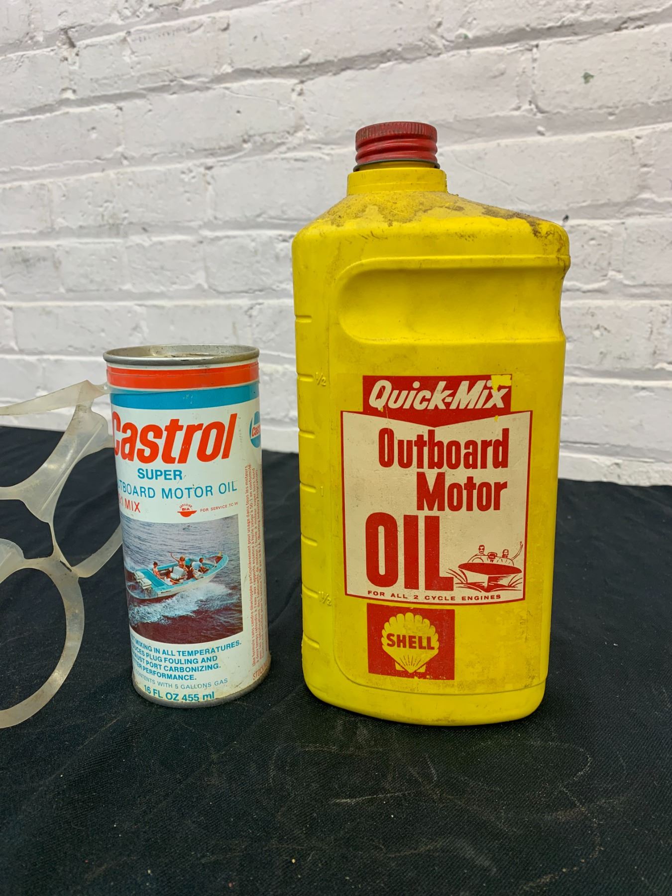 Lot of 2 Outboard Motor Oil Quick-Mix and Castrol Tin Full, Jug w Contents
