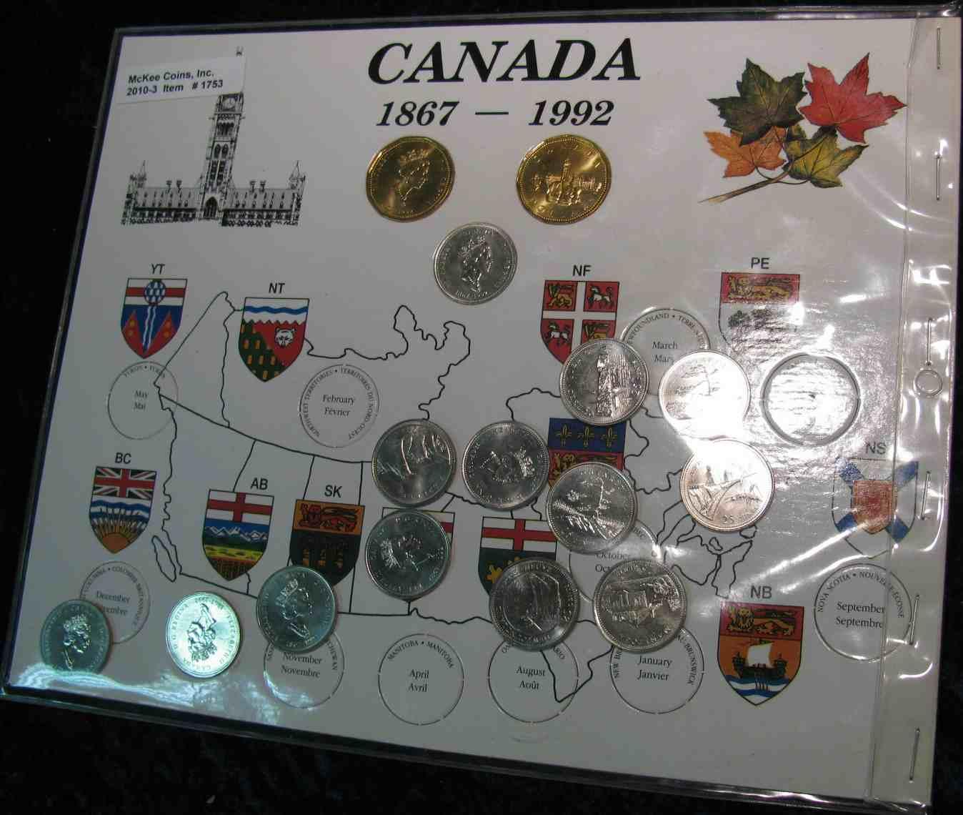 1753. 1867-1992 Canada Commemorative Coin Set in fancy display board.