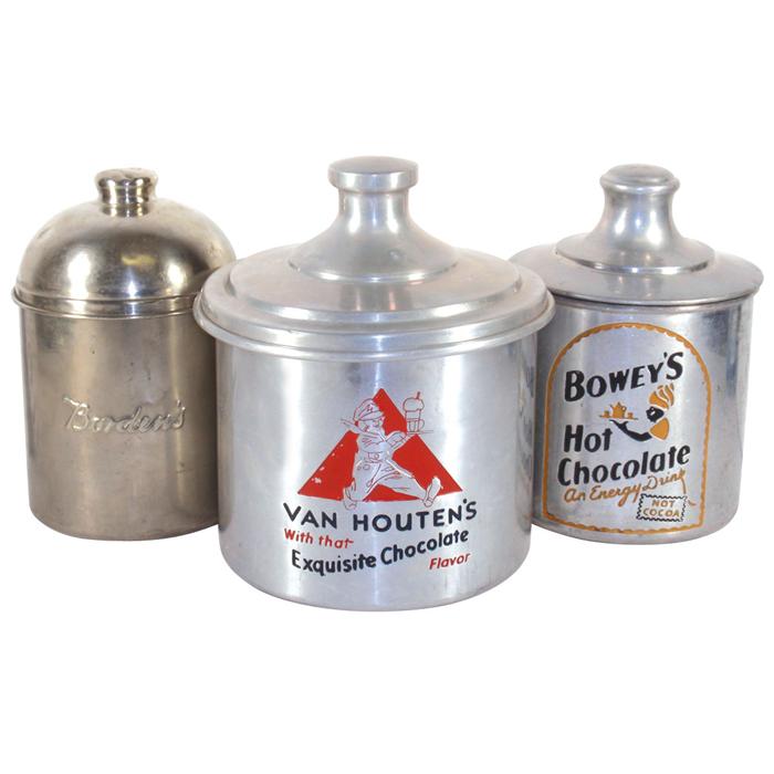 Hot chocolate containers (3), embossed metal Borden's w/domed lid ...