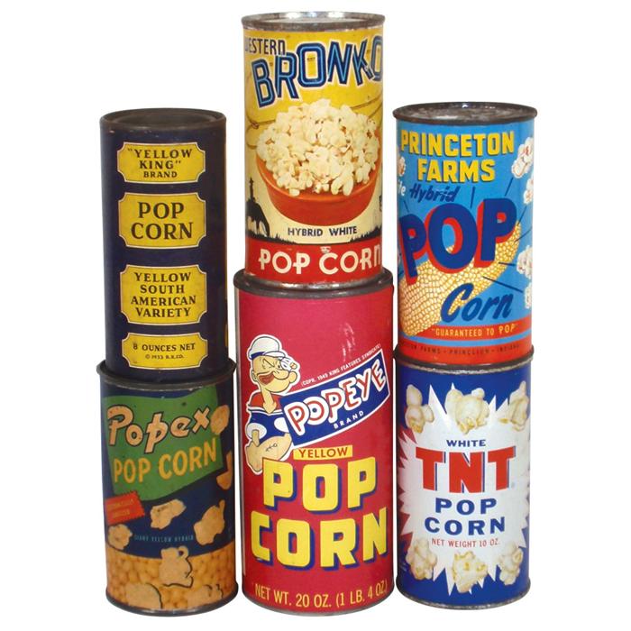 Popcorn tins (6), Bronko (full), Yellow King (full), Popex (hole in top ...