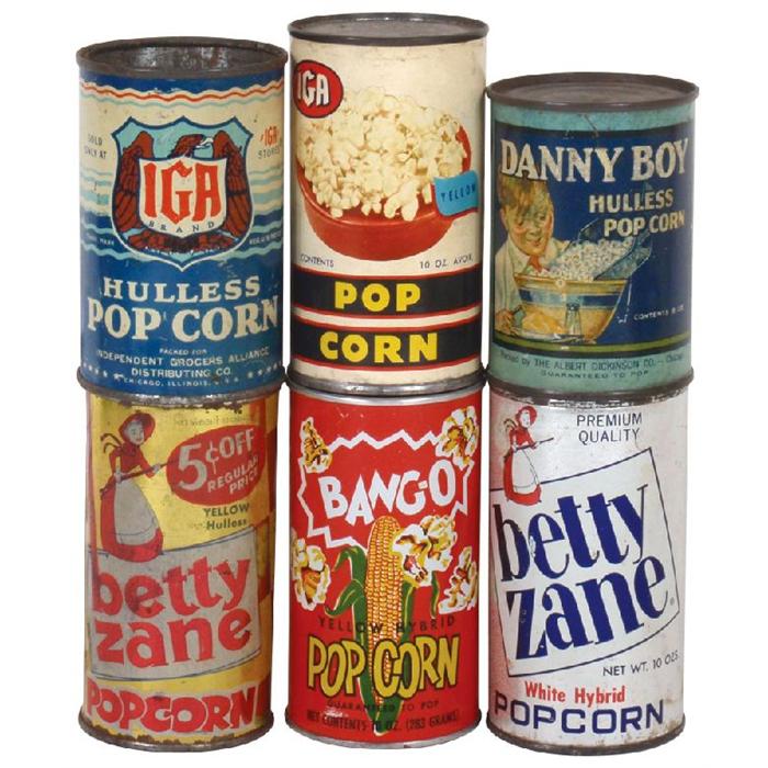 Popcorn tins (6), IGA (full), Betty Zane (full) & Bang-O (full) w/paper ...