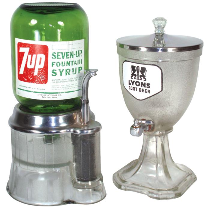 Syrup dispensers (2), Lyons Root Beer glass dispenser w/metal lid ...