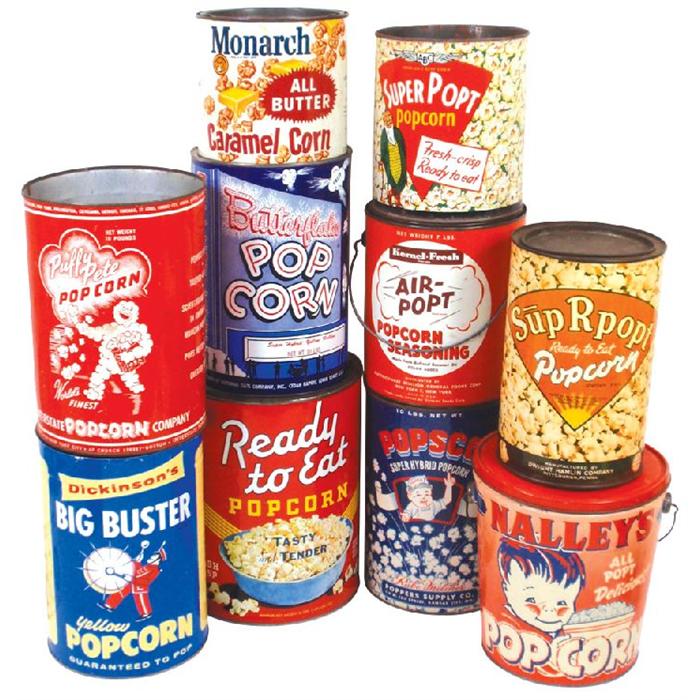 Large popcorn cans (10), Butterflake, Popsco, Puffy Pete, Super Popt ...