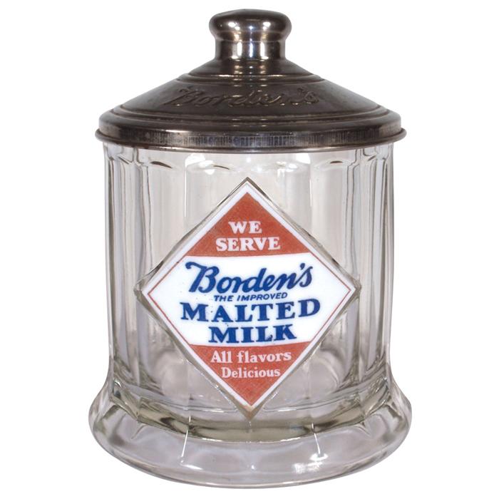 Borden's Malted Milk container, heavy ribbed glass w/diamond-shaped ...