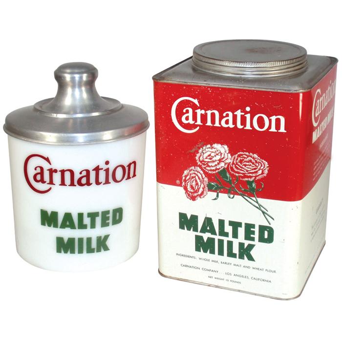 Carnation Malted Milk containers (2), 10 lb tin w/screw-on lid & white ...