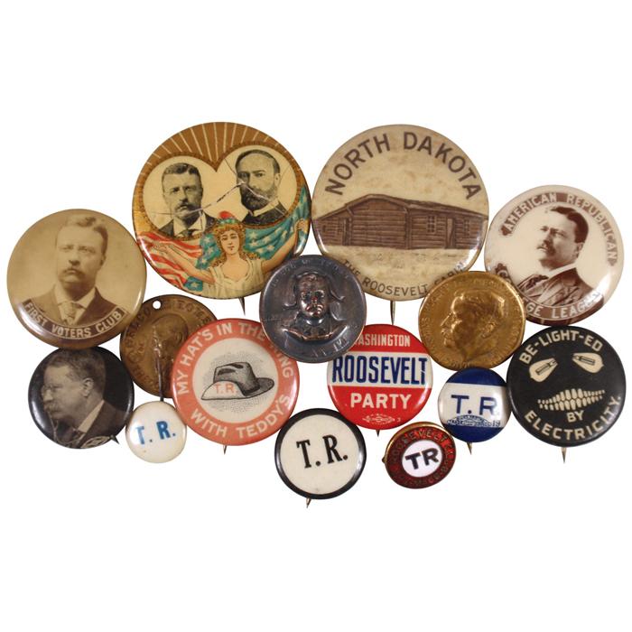 Political items (21), all Theodore Roosevelt, includes T.R. buttons ...
