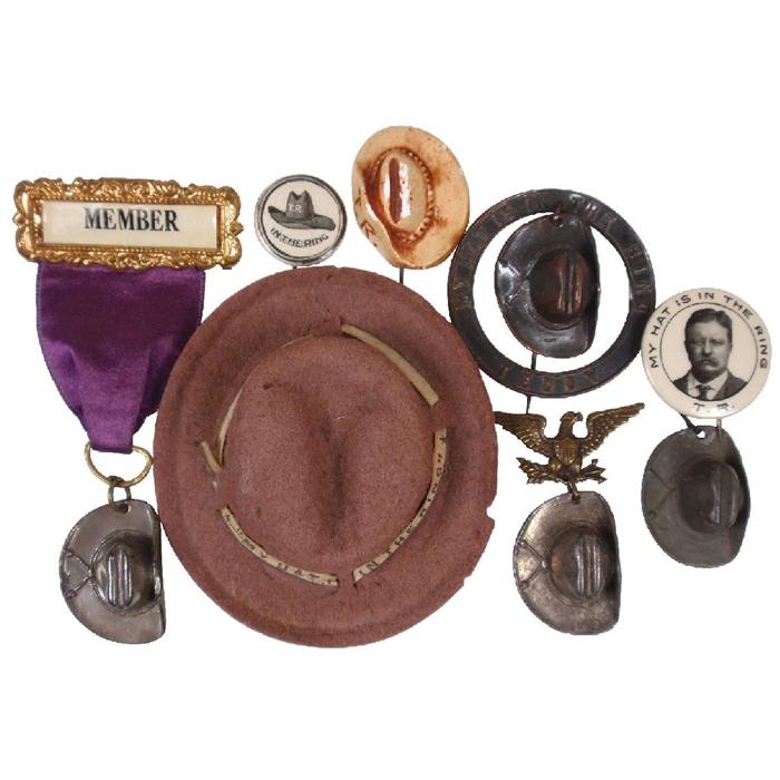 Political items (7), Theodore Roosevelt Rough Rider hats, member badge ...