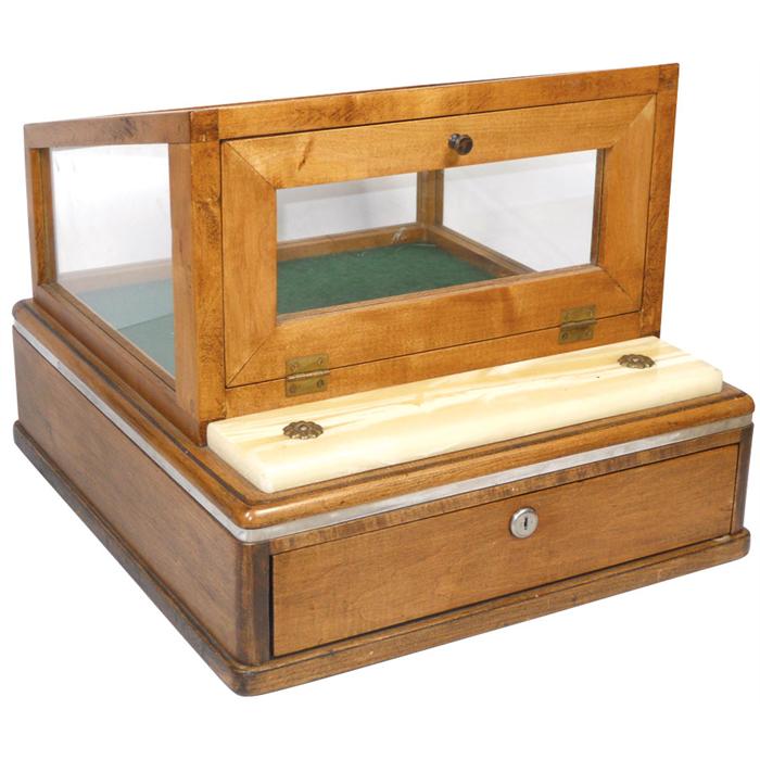 Display case w/key locked cash drawer, mfgd by the Indiana Cash Drawer ...