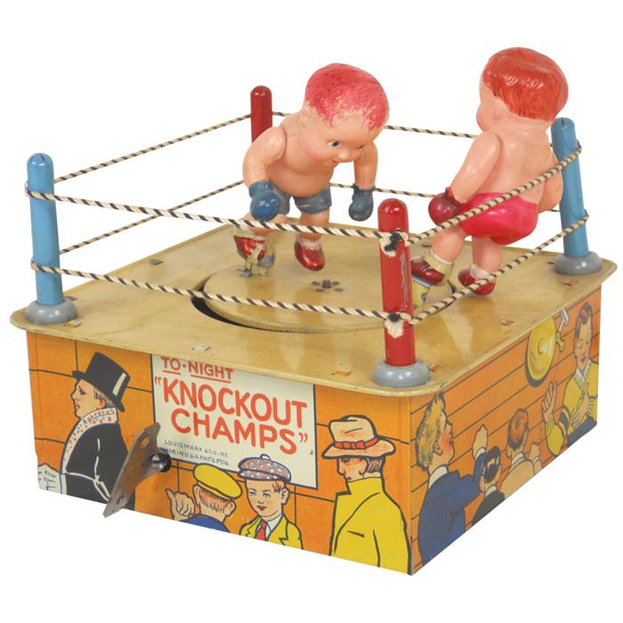 Toy, Marx Knockout Champs, celluloid boxers spin in litho on metal ...