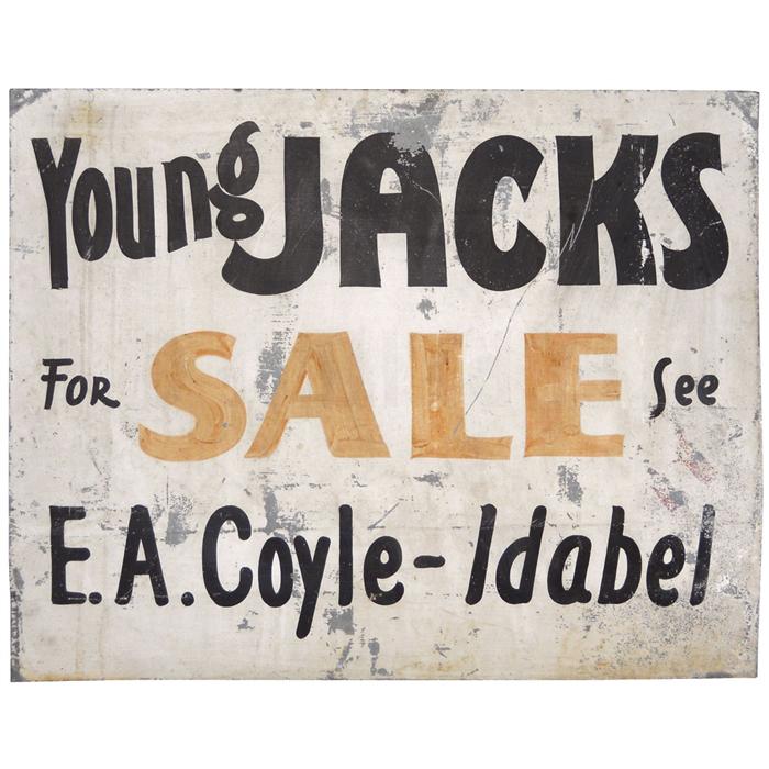 Primitive metal sign, "Young Jacks for Sale", Good cond, 24"H x 30"W.