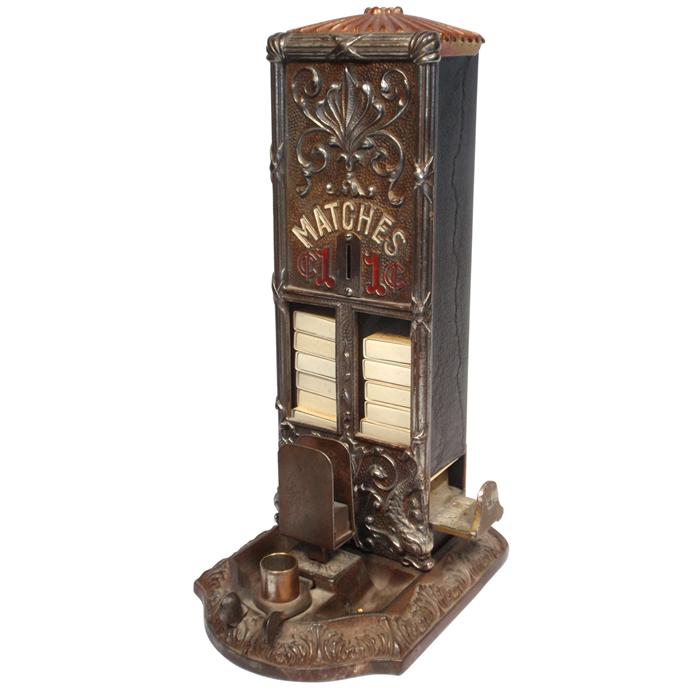 Coin-operated match machine w/cigar cutter & match box holder ...