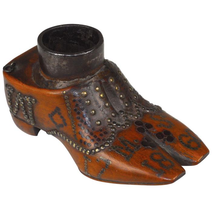 Figural opium pipe, small carved wooden shoes w/metal bowl, tiny brass ...